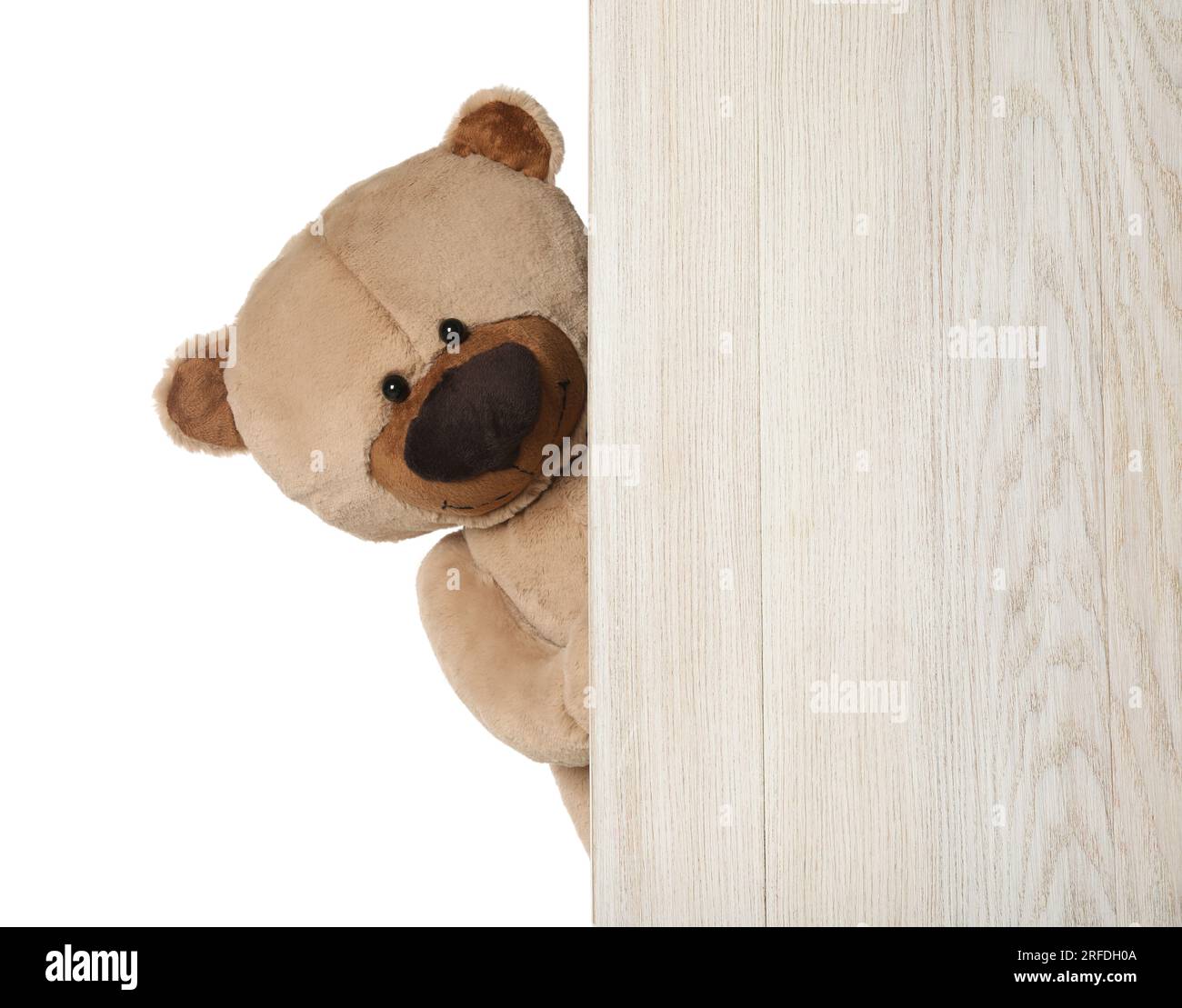 Cute teddy bear peeking out of wooden board on white background Stock ...