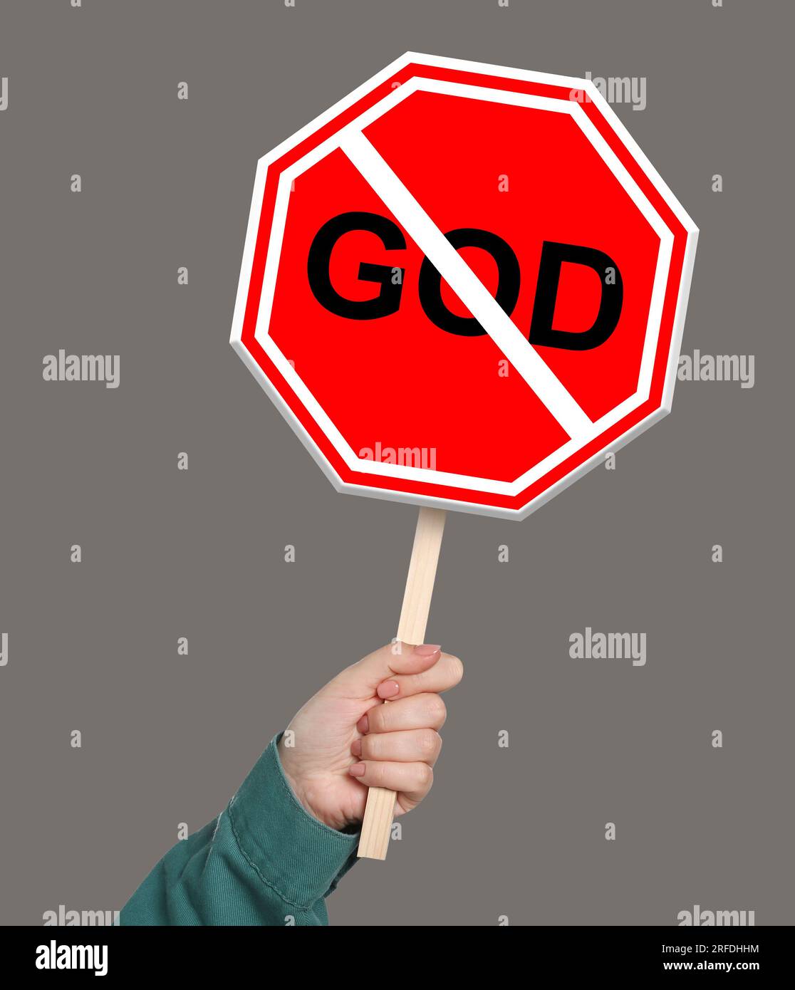 Atheism Concept Woman Holding Prohibition Sign With Crossed Out Word God On Color Background