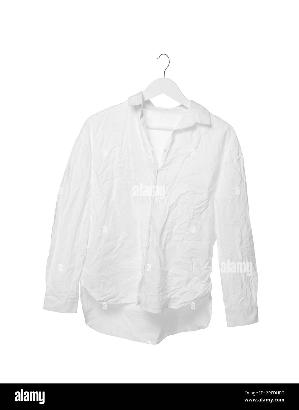 Crumpled shirt on hanger against white background Stock Photo - Alamy