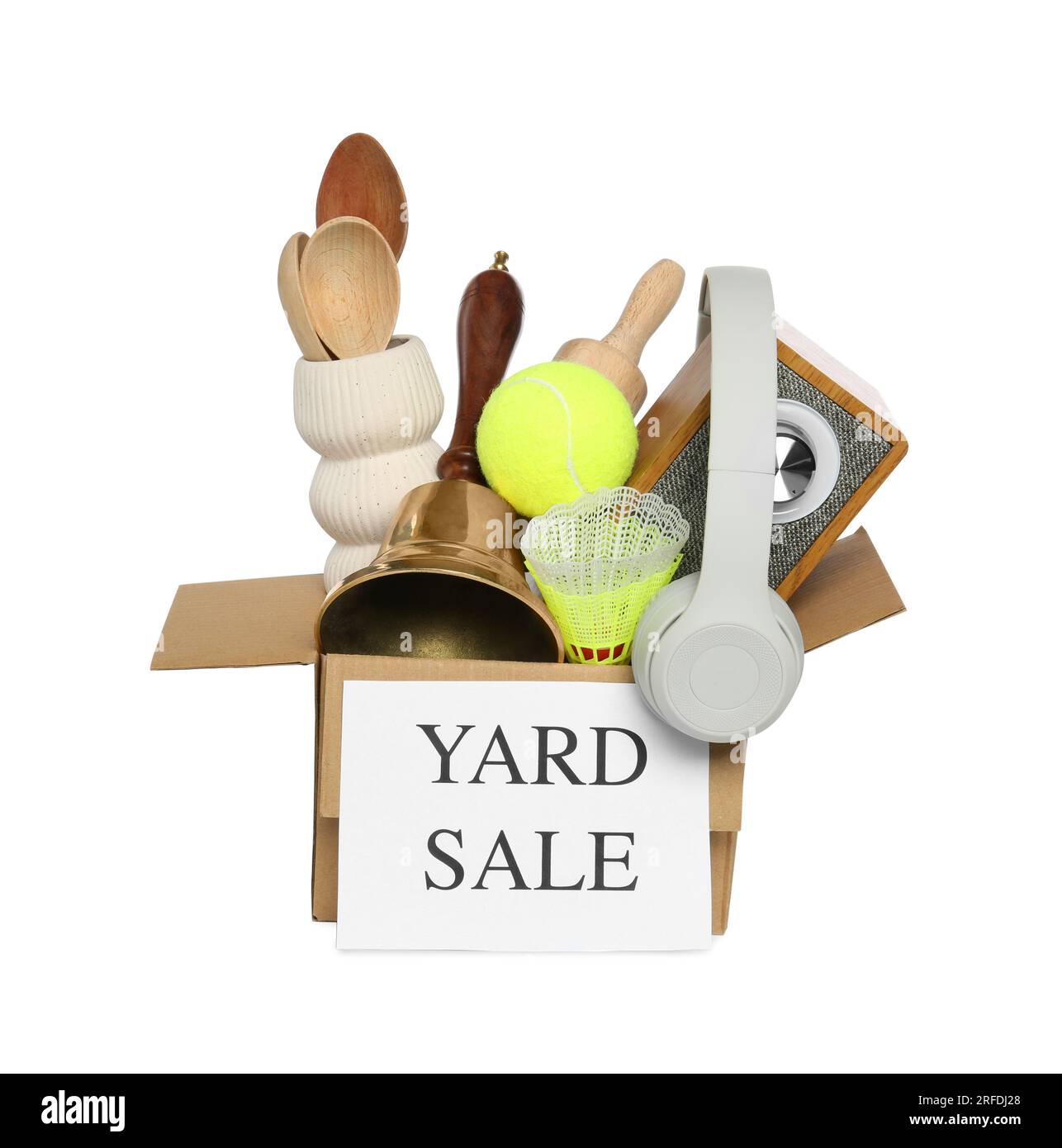 Sign Yard Sale written on box with different stuff isolated on white ...