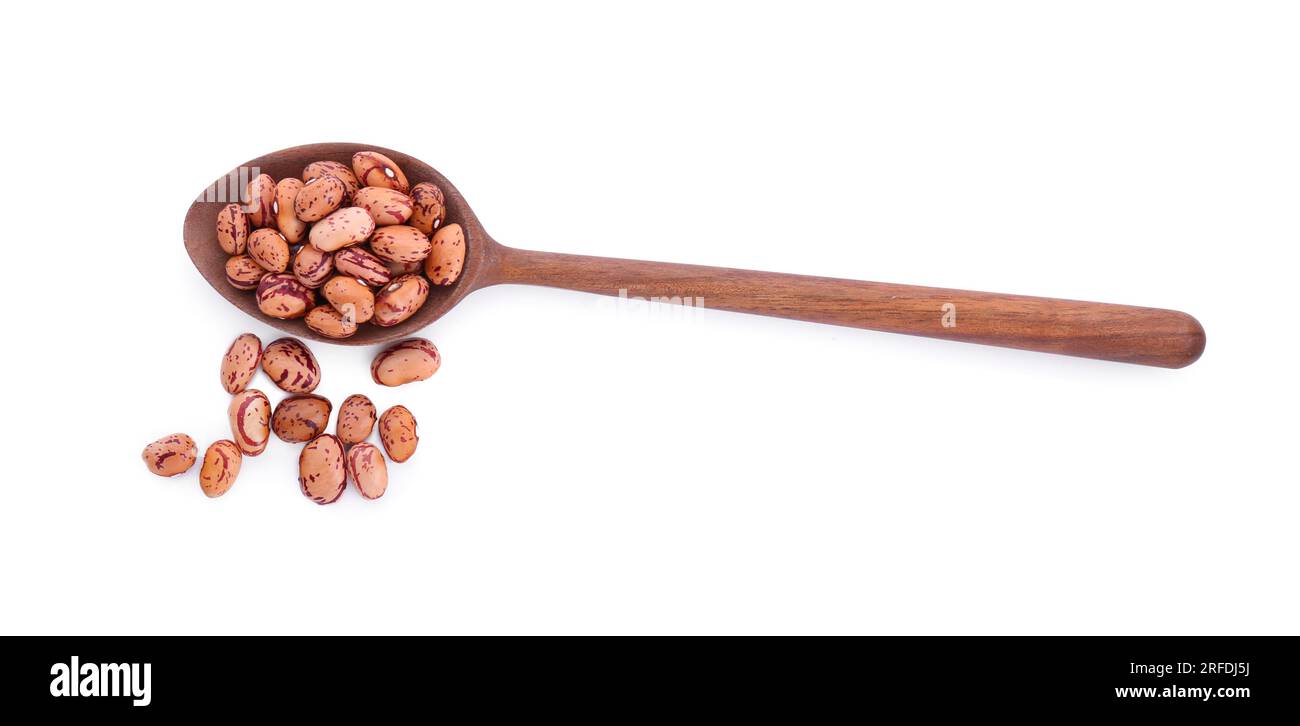 Wooden spoon and dry kidney beans isolated on white, top view Stock ...