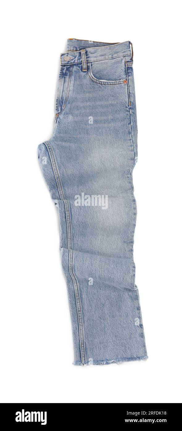 Rumpled light blue jeans isolated on white, top view. Stylish clothes ...