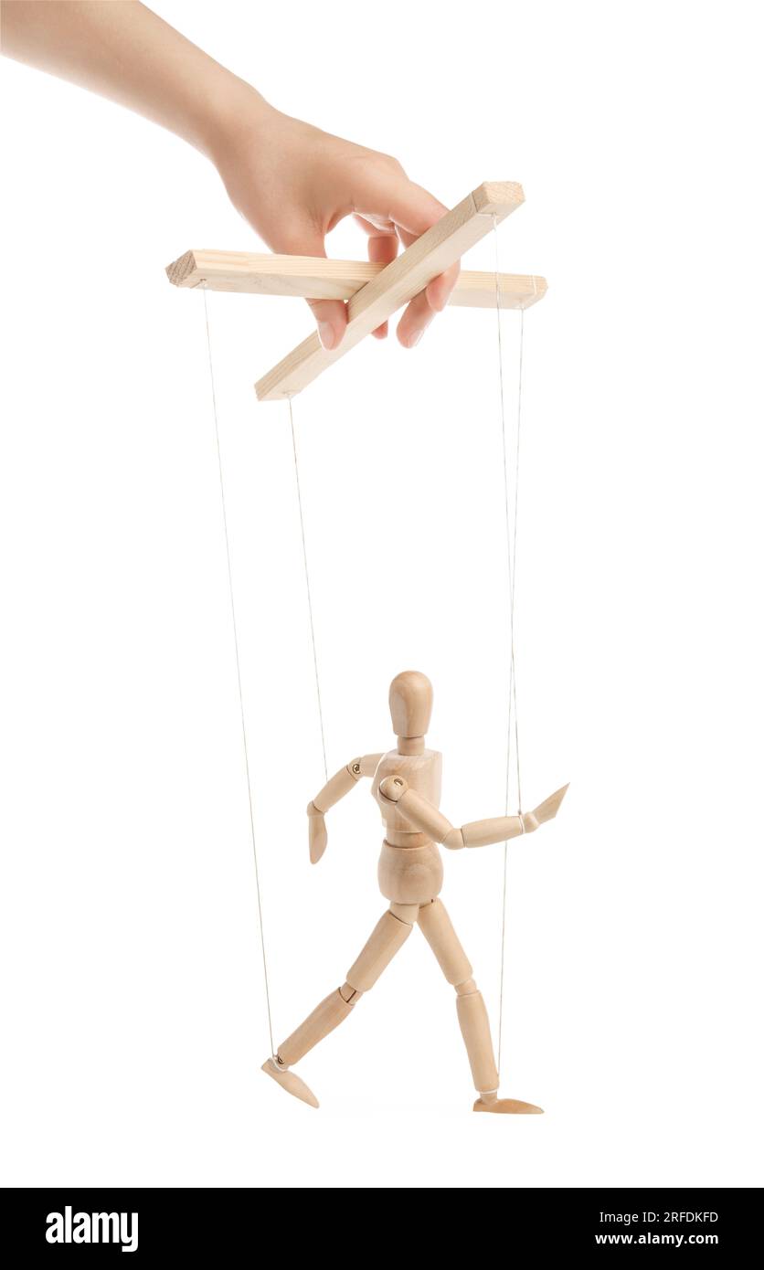 Woman pulling strings of puppet on white background, closeup Stock ...