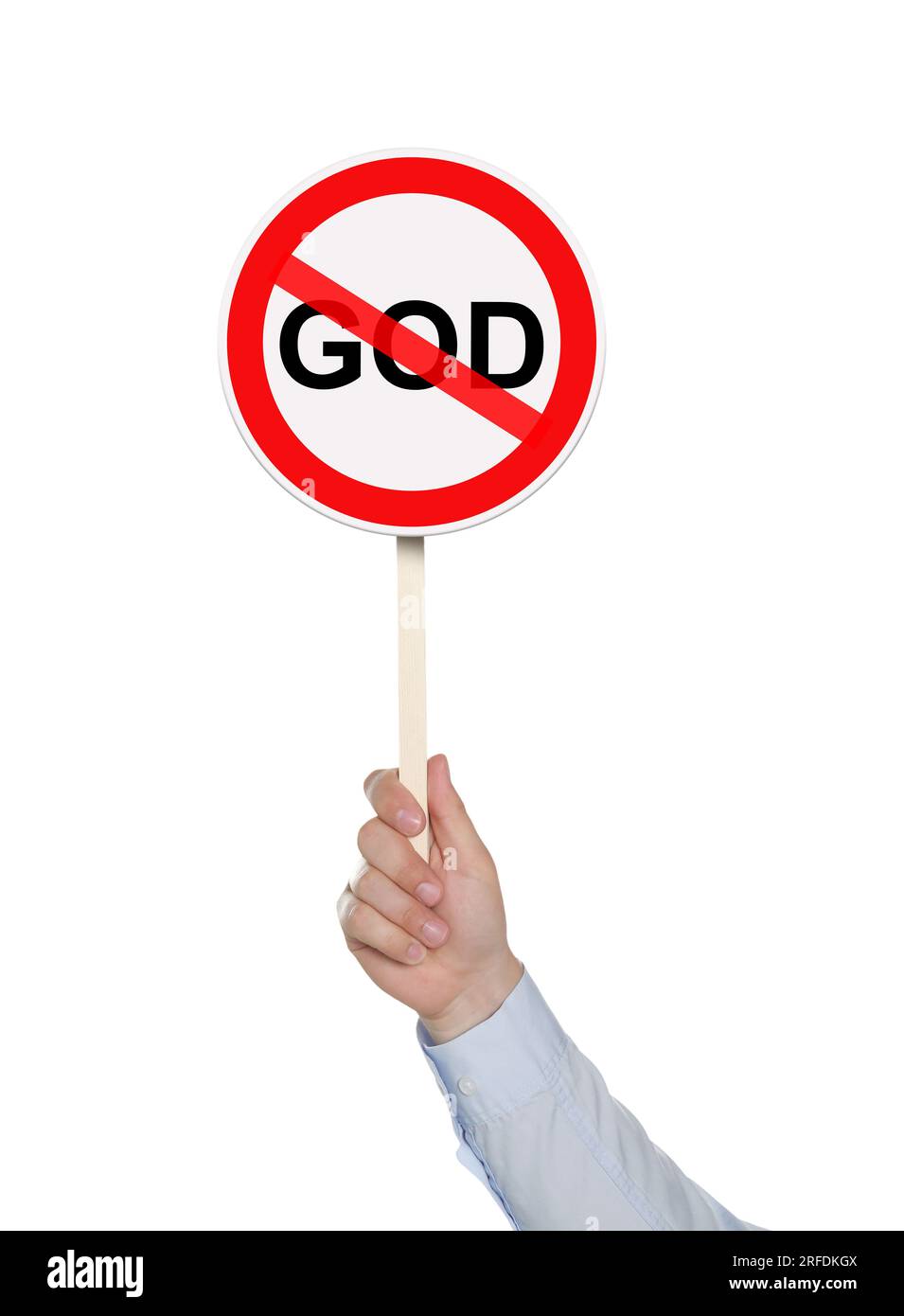 Atheism concept. Man holding prohibition sign with crossed out word God ...
