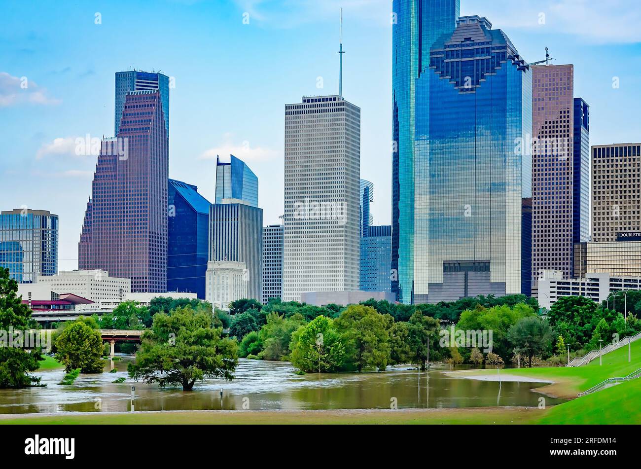 The Houston skyline is pictured from flooded Buffalo Bayou Park after ...
