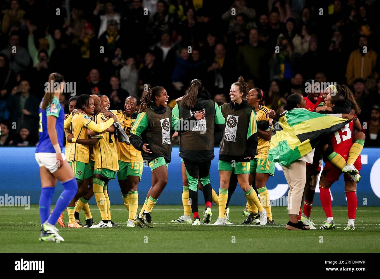 Melbourne, Australia, 2 August, 2023. Jamaican players celebrate during ...