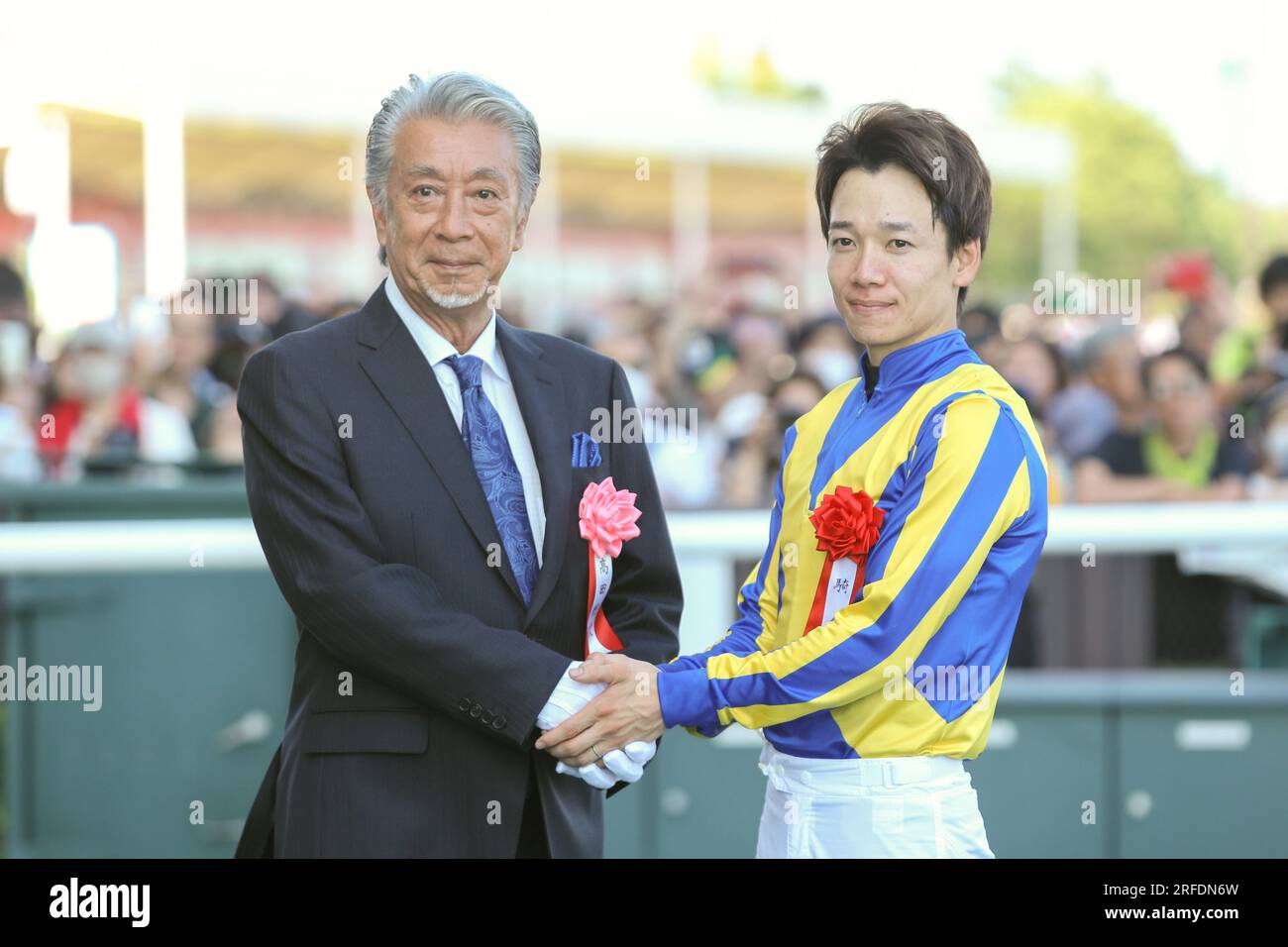 Aichi, Japan. 23rd July, 2023. Jockey Kohei Matsuyama (R) and presenter ...