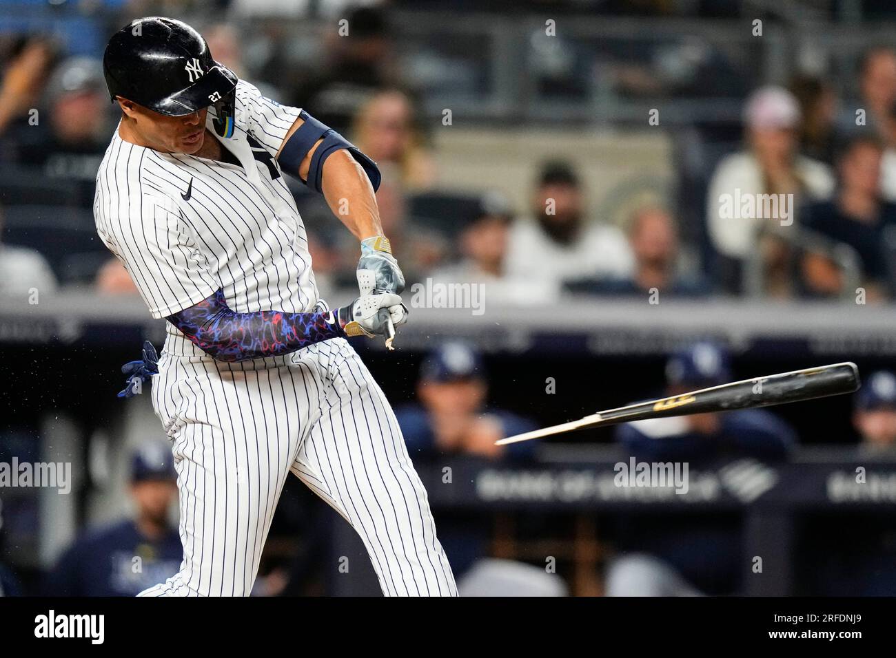 New York Yankees' Giancarlo Stanton breaks his bat during the fifth inning of a baseball game ...