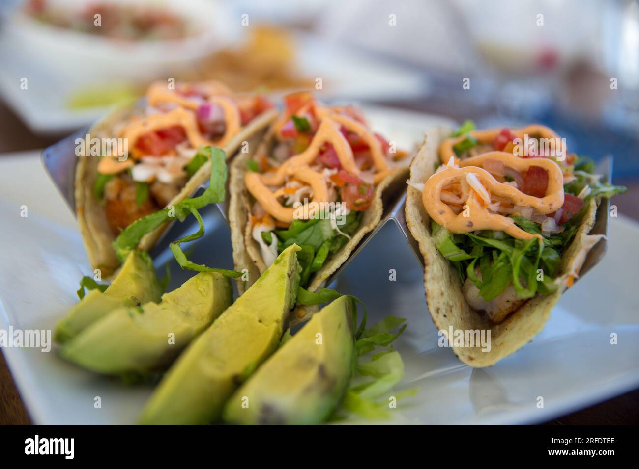 Blackened Shrimp Tacos with avocado Stock Photo - Alamy
