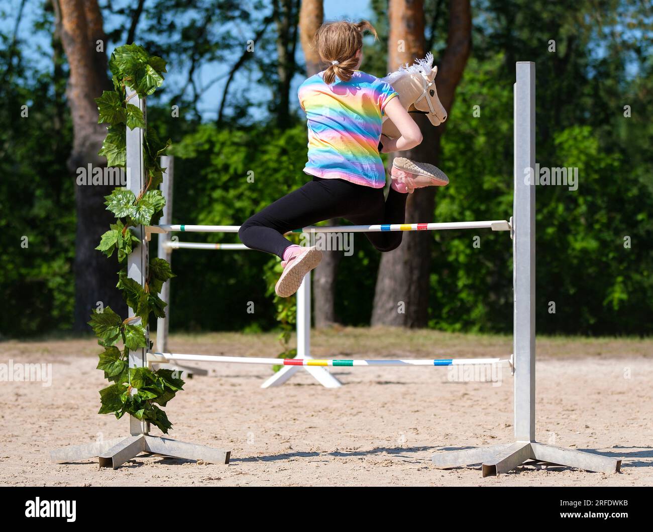 Girl jumping on hobby horse. Champion. Horse sport. Summer light. Green ...