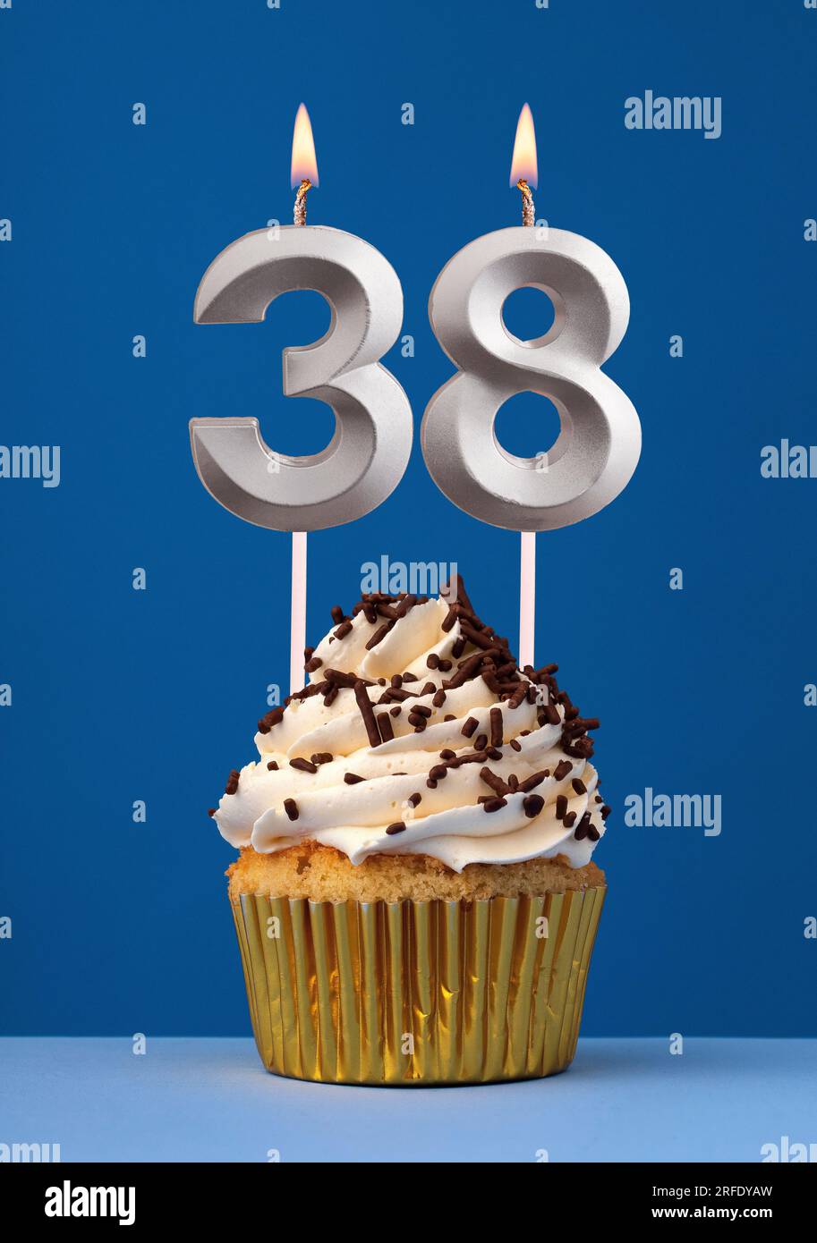 Horizontal birthday card with cake - Lit candle number 38 on blue ...
