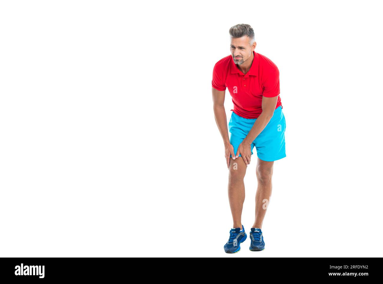 man runner holds leg after muscle injury during sport race, banner ...