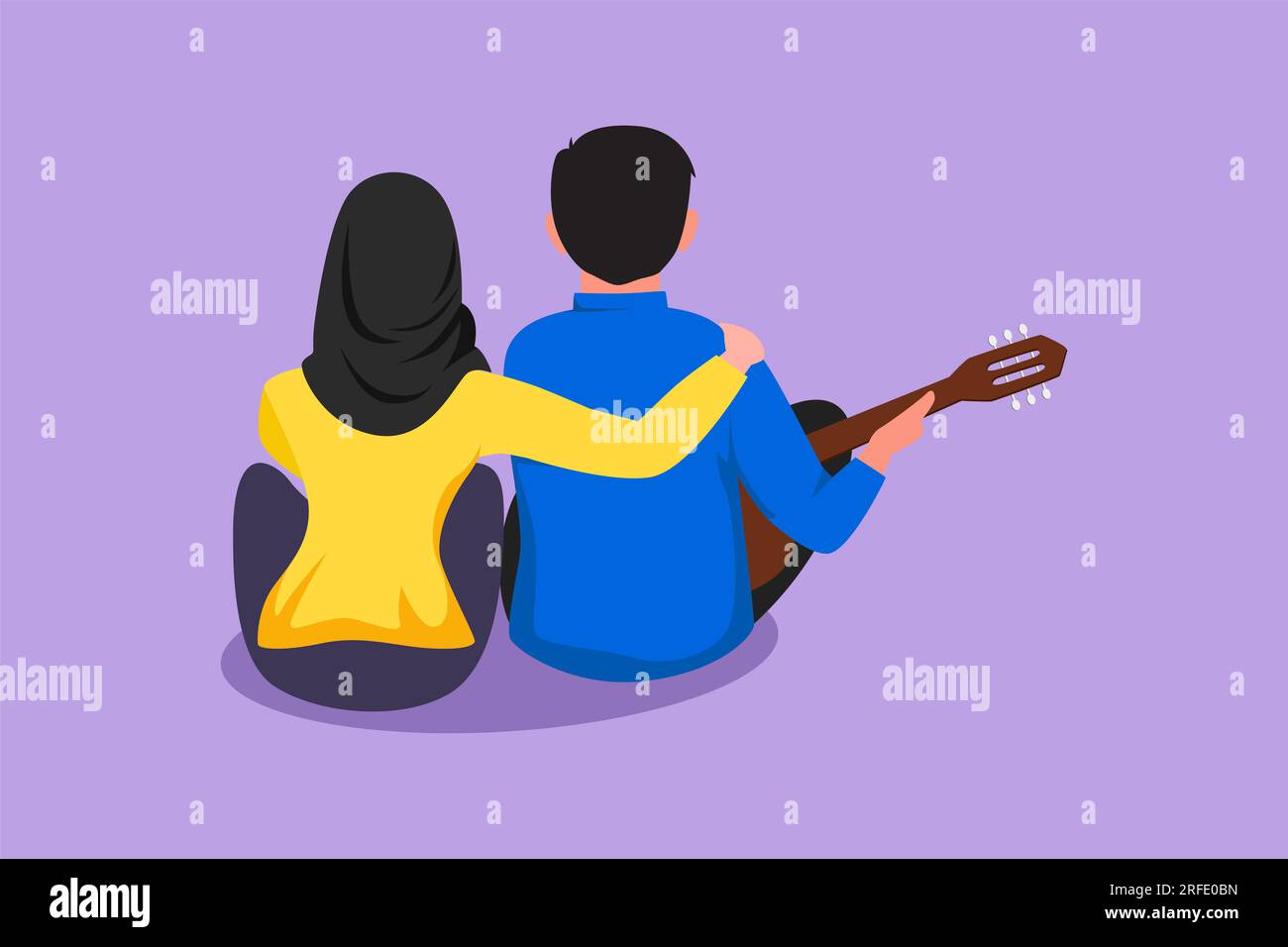 Graphic flat design drawing romantic couple playing guitar on summer ...