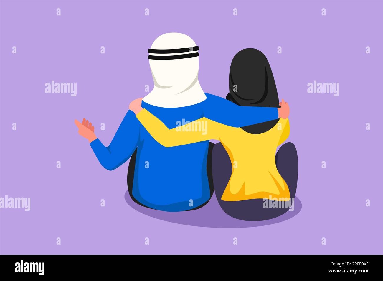 Graphic flat design drawing back view of romantic Arab couple in love ...