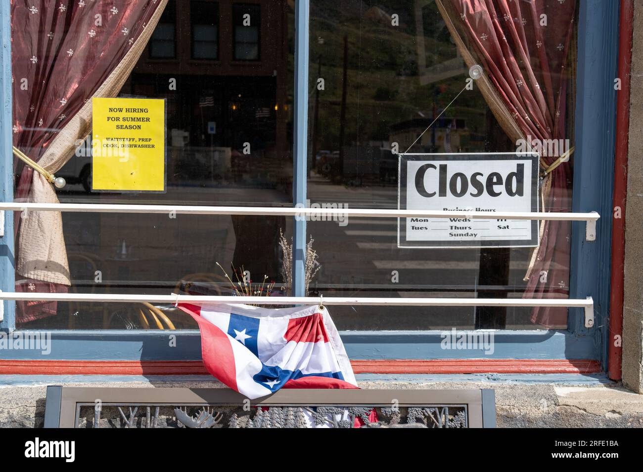 Help wanted sign on a decorated window of a closed business, Silverton ...