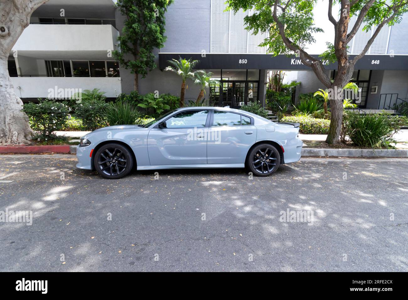 front view Grey gray Dodge Charger muscle sports car in street in los ...