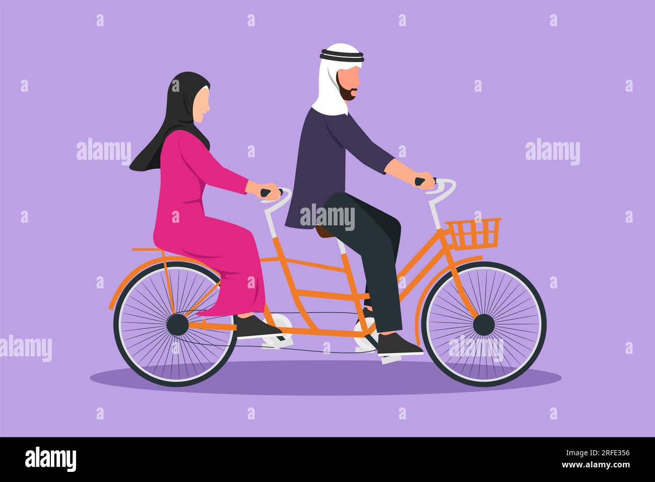 Graphic flat design drawing romantic couple riding bicycle together. Happy Arabian couple riding ...