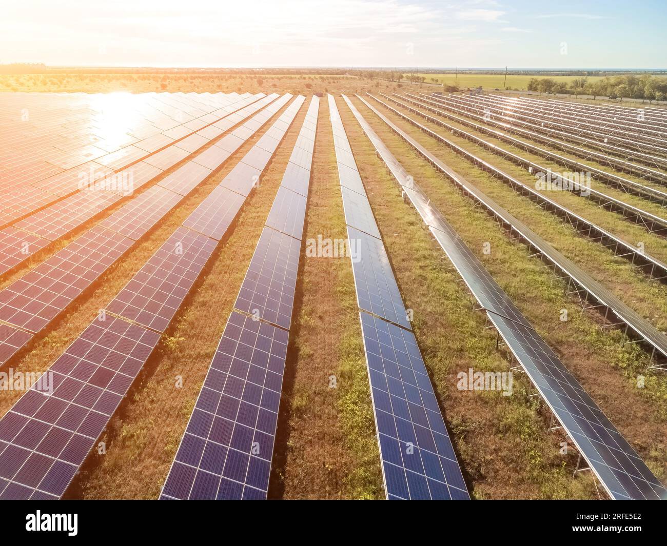 Aerial top view of a solar panels power plant. Photovoltaic solar ...