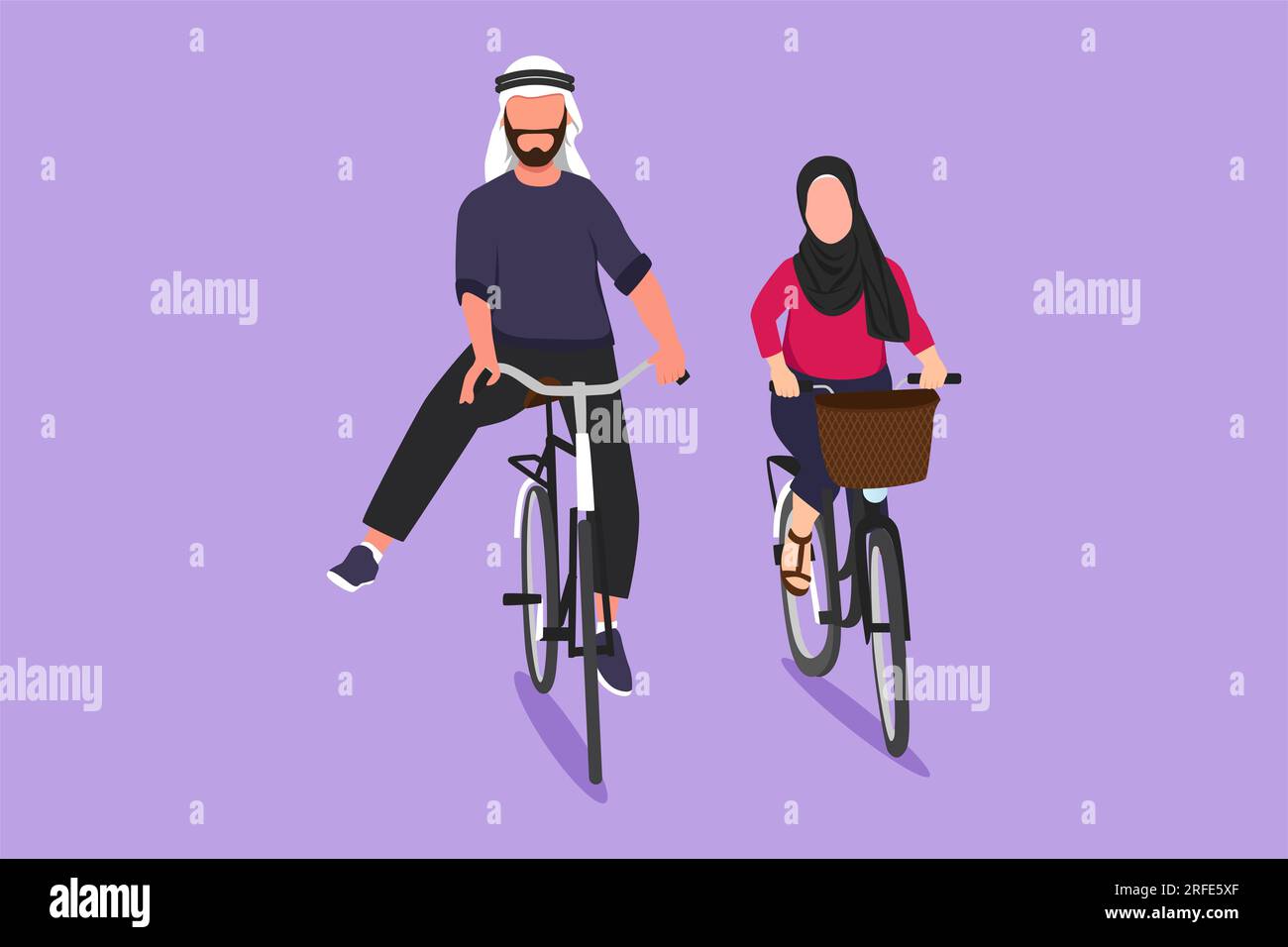 Graphic flat design drawing happy Arabian couple riding on bicycle ...