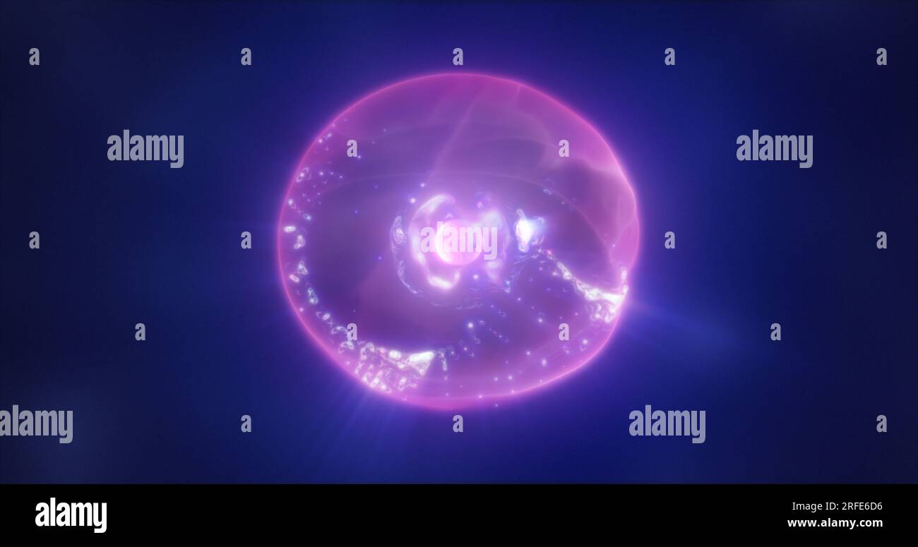 Abstract purple energy sphere with flying glowing bright particles, science futuristic atom with ...