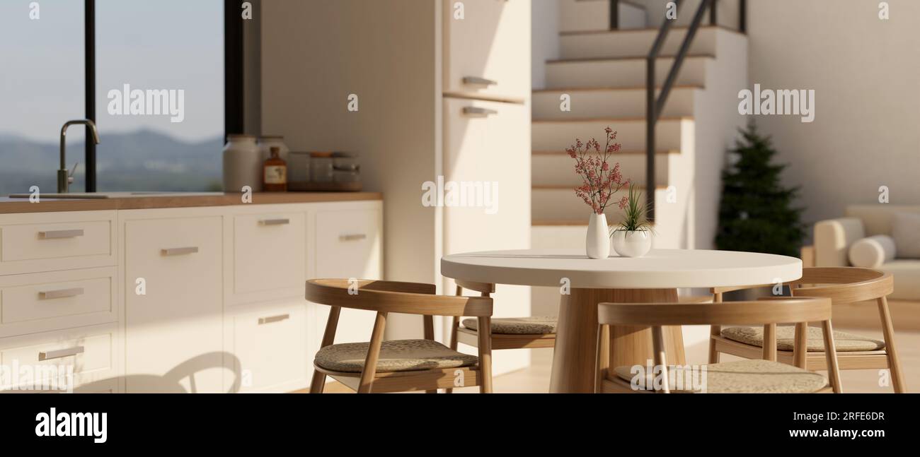 Close-up image of a beautiful minimal dining table in a minimal white ...