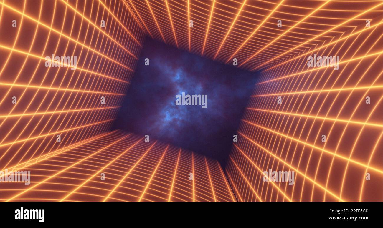 Abstract orange yellow energy grid swirling tunnel of lines in the top ...