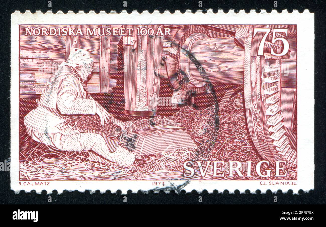 SWEDEN - CIRCA 1973: stamp printed by Sweden, shows Woman working flax ...