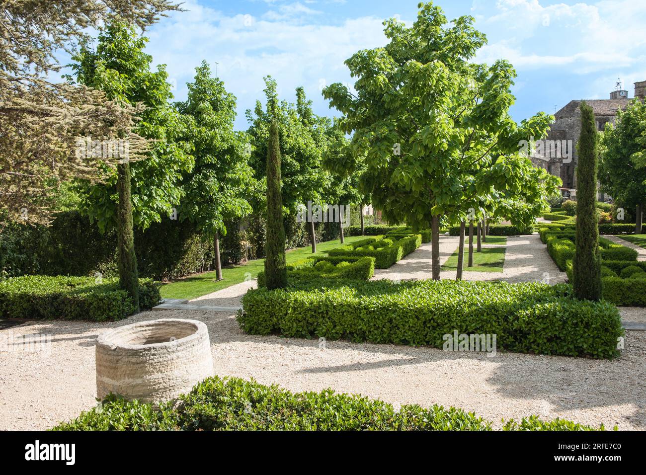 Landscaped public garden in European traditional style in hilltop ...