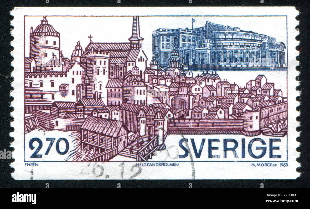 Sweden - CIRCA 1983: stamp printed by Sweden, shows View of Helgeandsholmen Stockholm by Franz ...