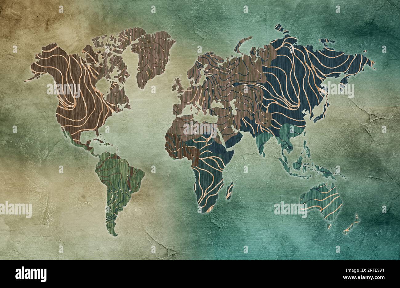 3d world map wallaper. wavy lines in light green and blue background ...