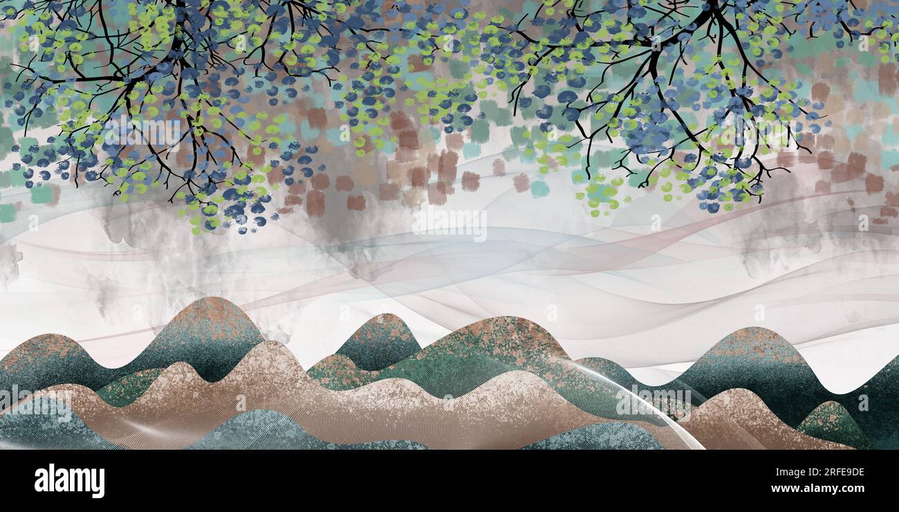 Paint tree branches colorful leaves. landscape art and mountains. wall ...