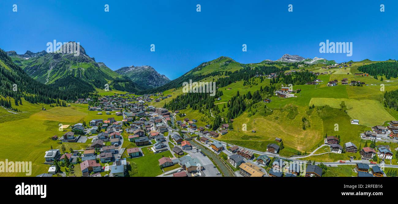 The glamorous mountain resort of Lech am Arlberg in summertime, aerial ...