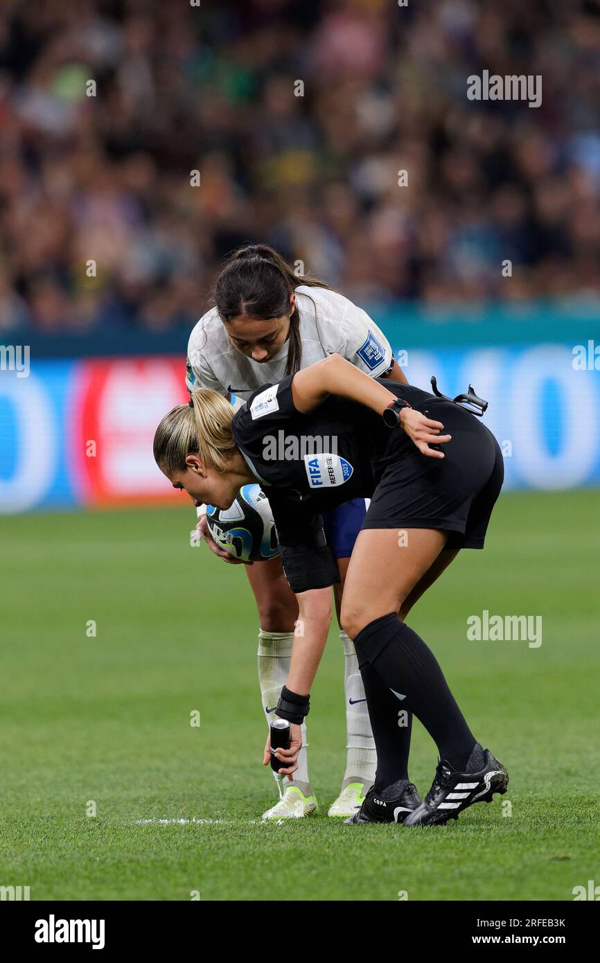 Sydney, Australia. 02nd Aug, 2023. Referee, Laura Fortunato marks the spot where the penalty ...