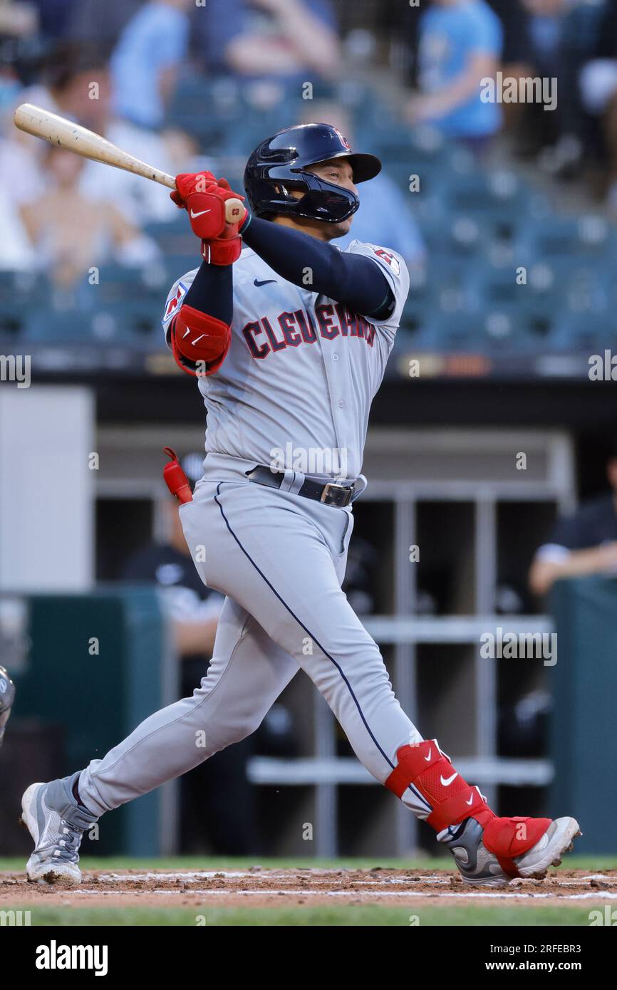 CHICAGO, IL - JULY 29: Cleveland Guardians catcher Bo Naylor (23) bats ...