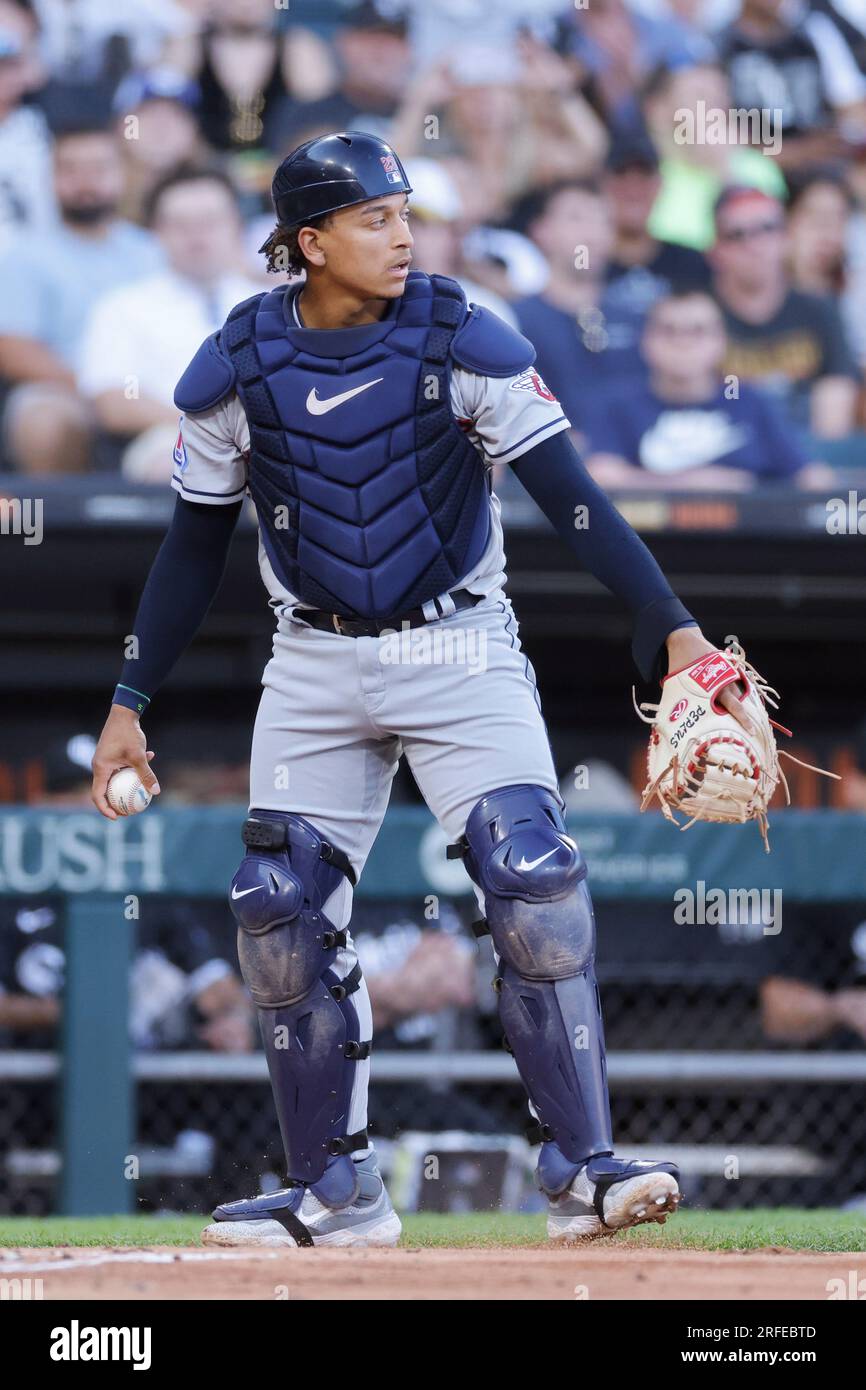 CHICAGO, IL - JULY 29: Cleveland Guardians catcher Bo Naylor (23) looks ...