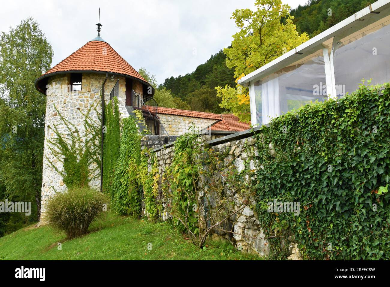 Stone defense tower and a wall at Lasko castle in Stajerska, Slovenia ...