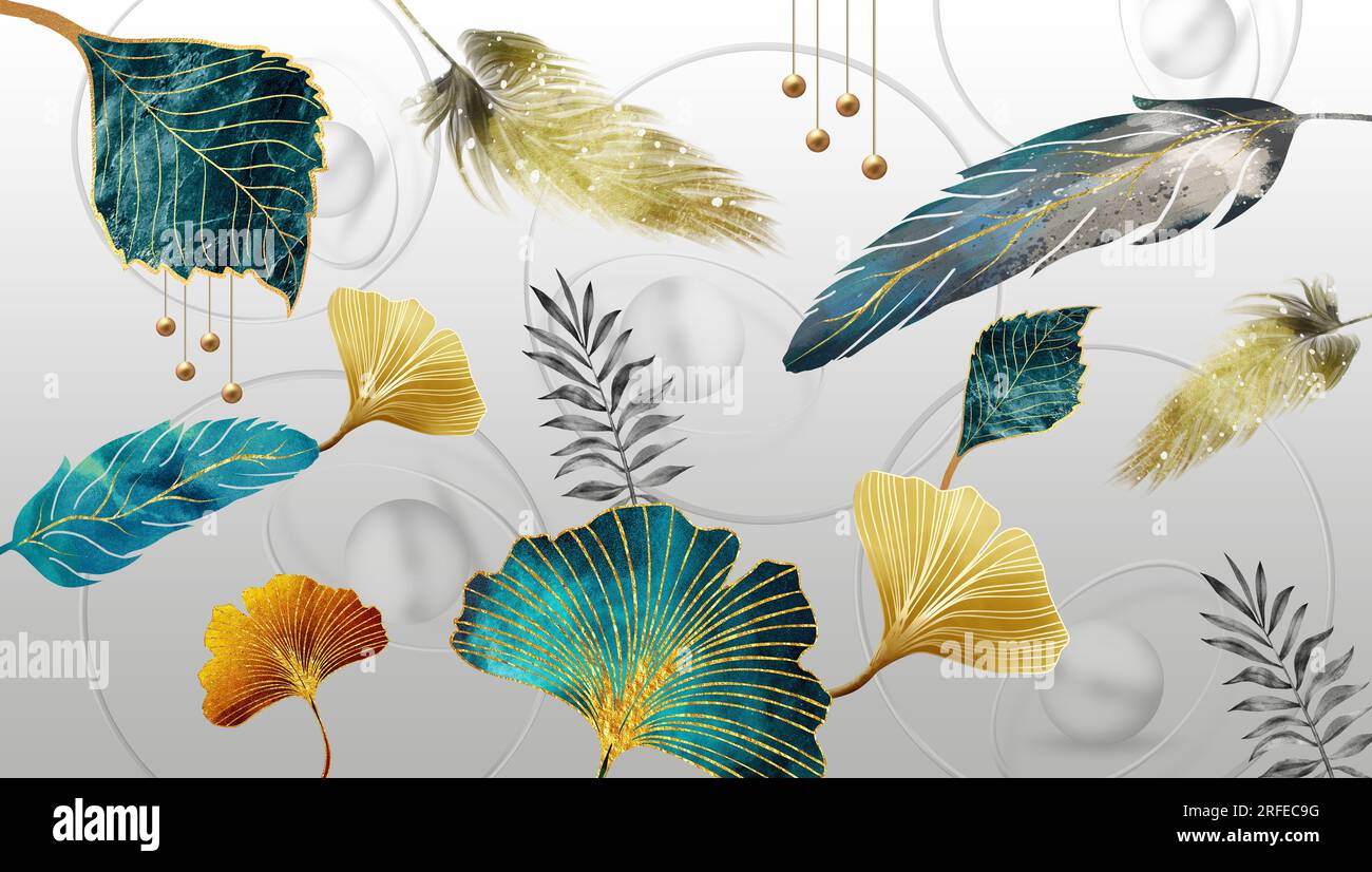 floral functional canvas art wallpaper, ginko leaves, feathers and tree ...