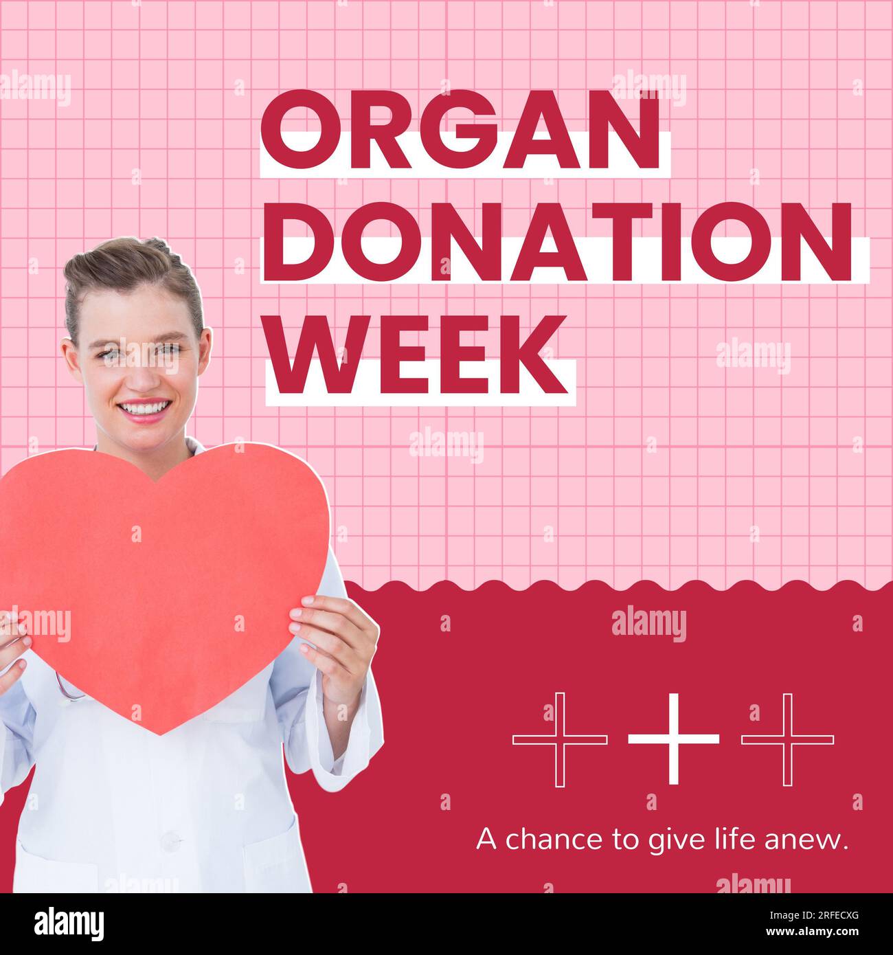 Organ donation week text and happy caucasian female doctor holding red ...