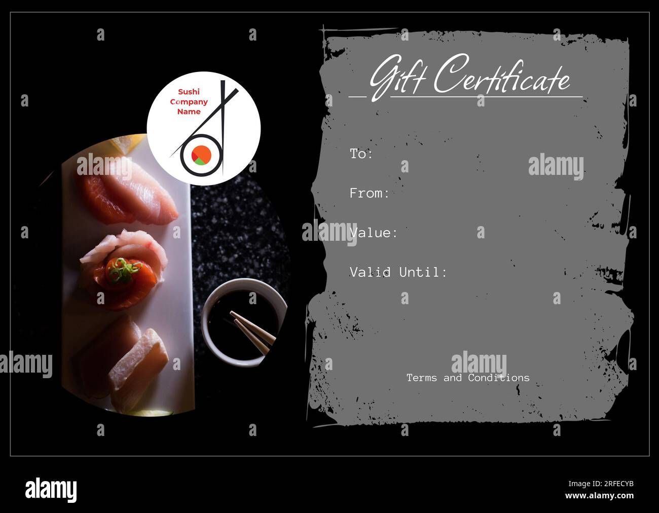 Gift certificate text, sushi company holding text and detail space with ...