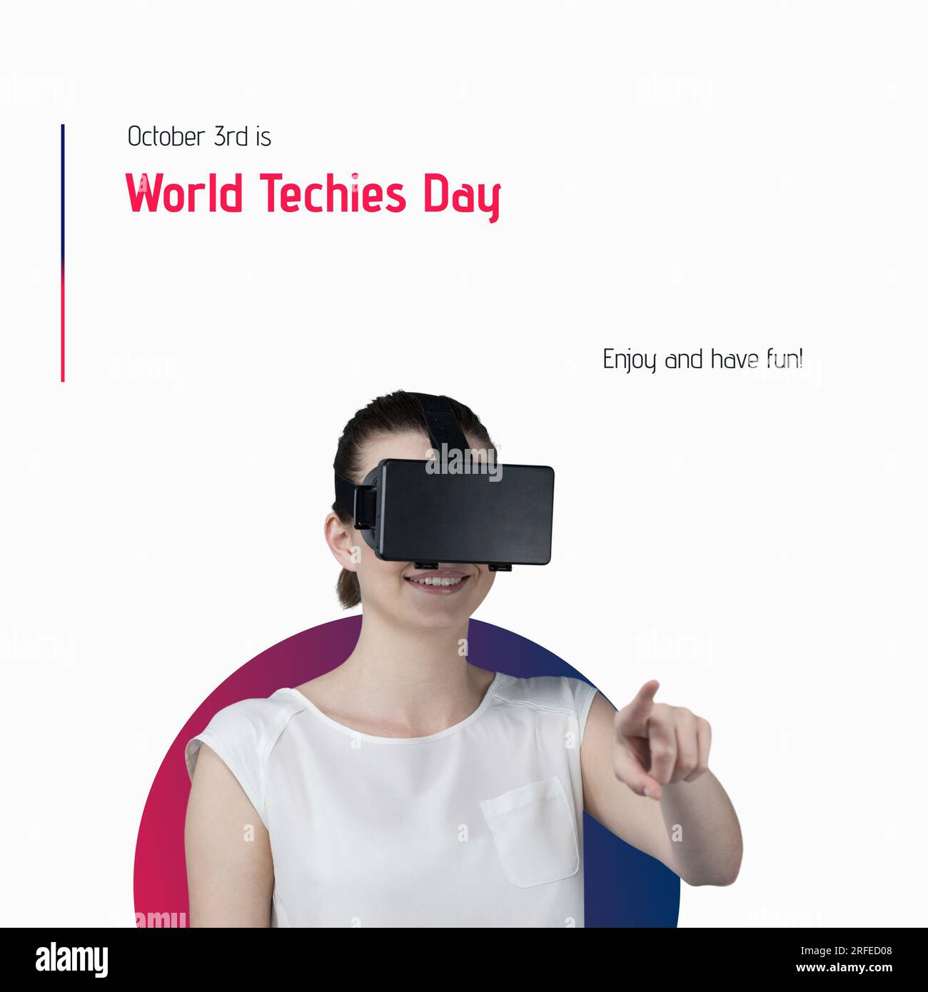 October 3rd is world techies day text with happy caucasian woman in vr ...