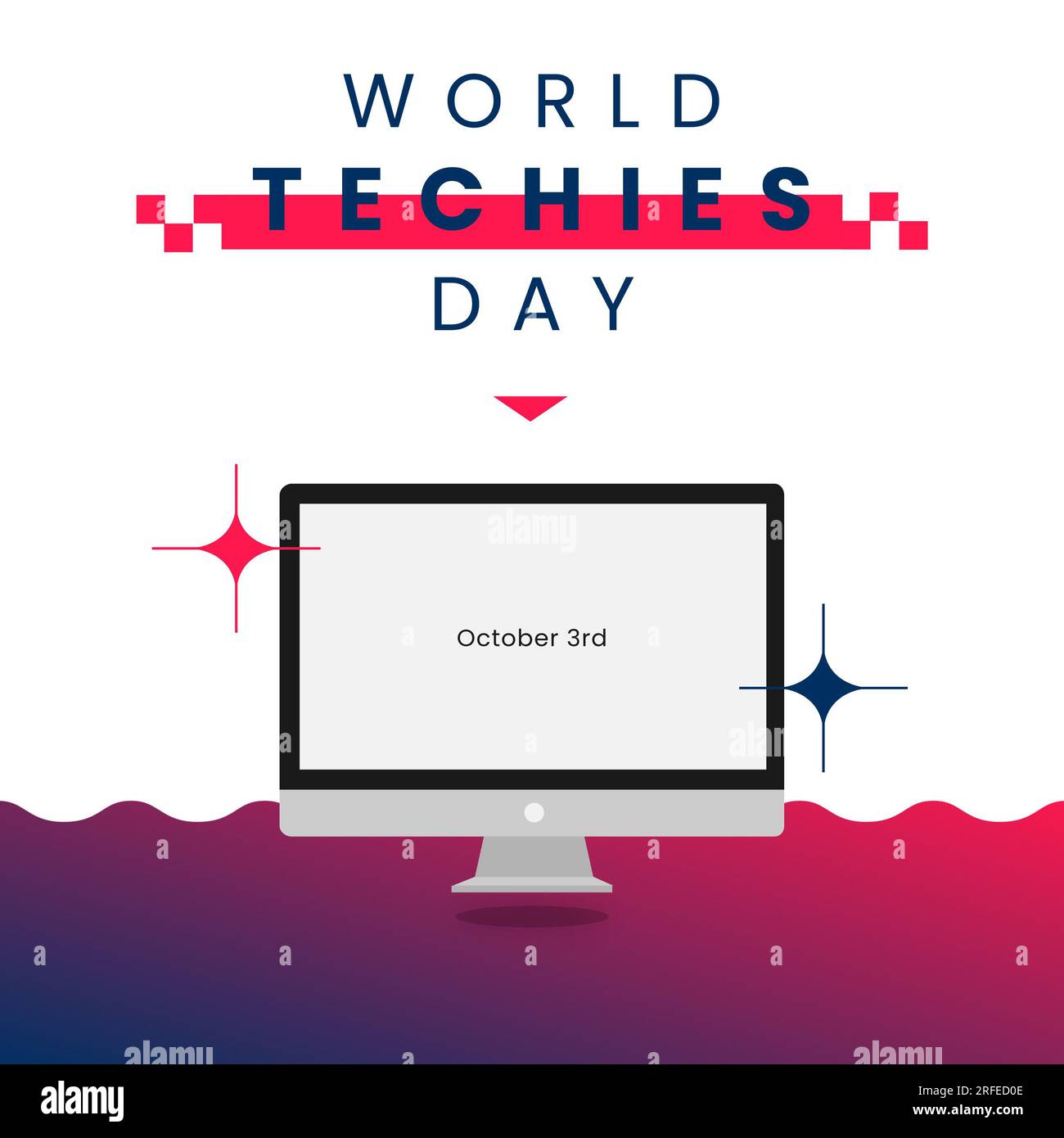 World techies day text in blue with computer screen and red and blue patterns on white Stock ...
