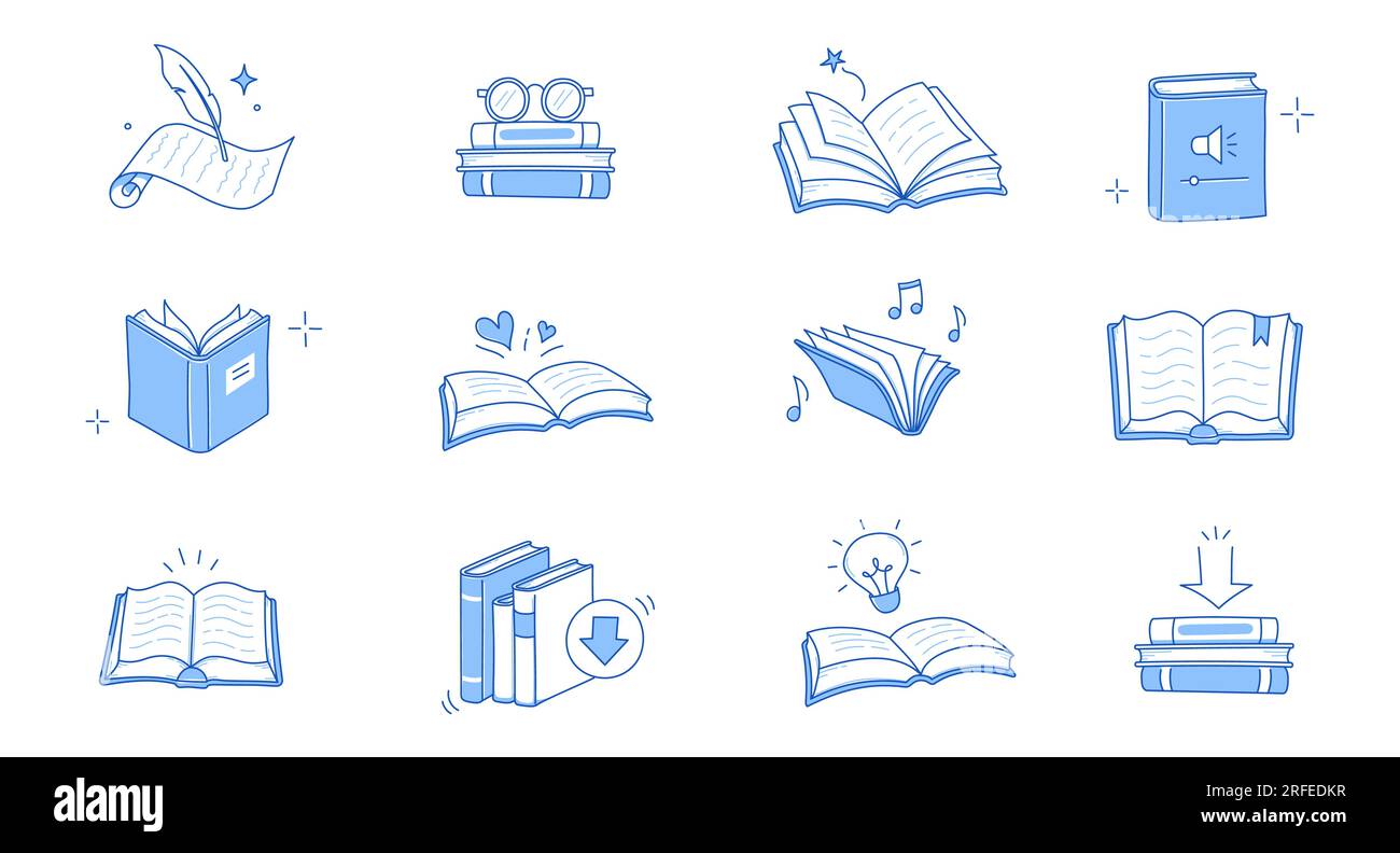 Book line doodle icon set. Hand drawn sketch doodle style line icon ...