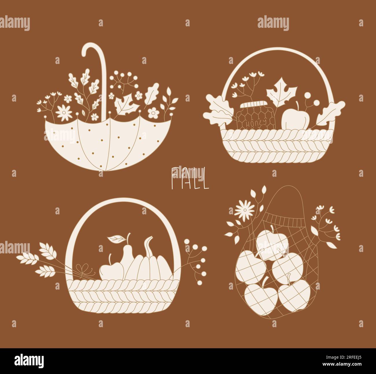 Fall composition set with flowers, fruits, baskets, pumpkin for harvest ...