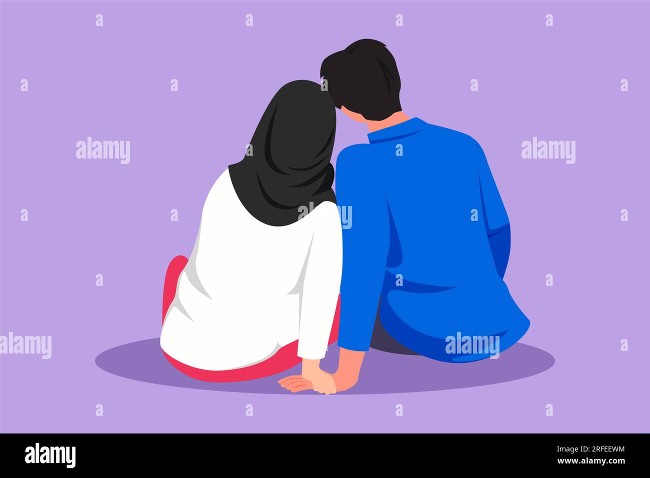 Character Flat Drawing Back View Of Cute Arab People In Love Sit