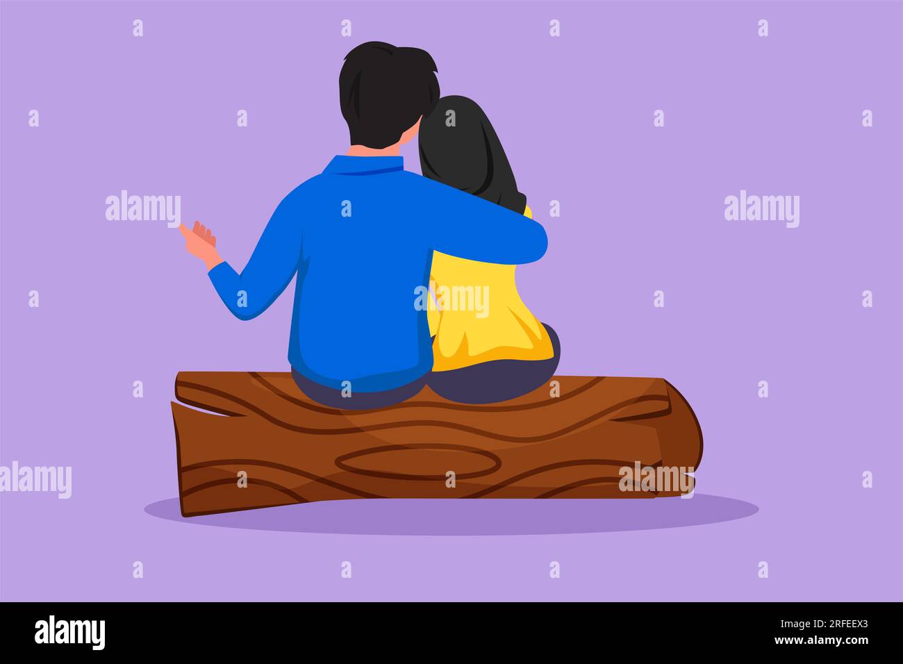 Graphic flat design drawing embracing romantic couple sitting on wooden ...
