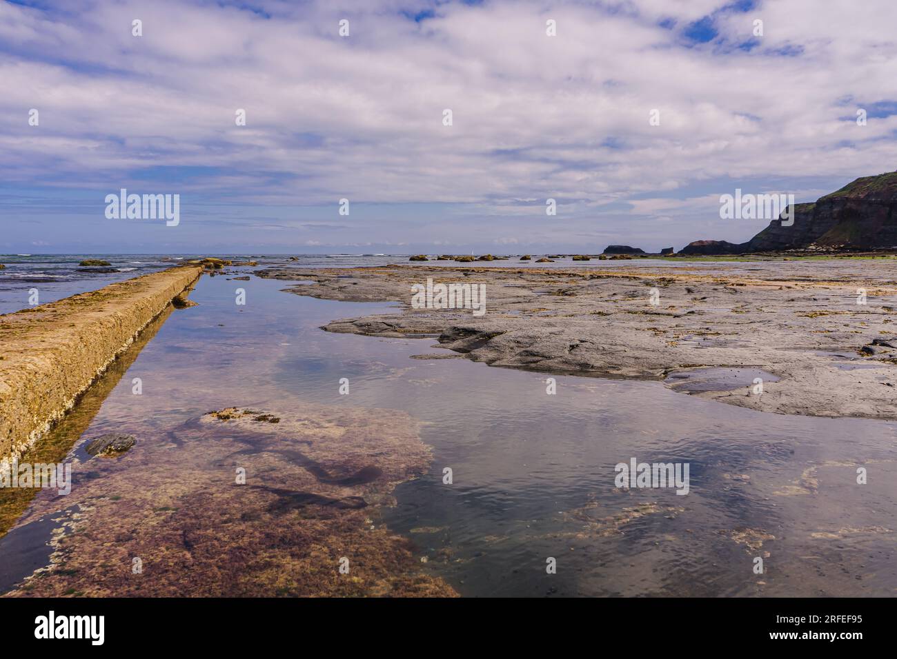 At low tide on the East Beach at Whitby a large area of flat rock and ...