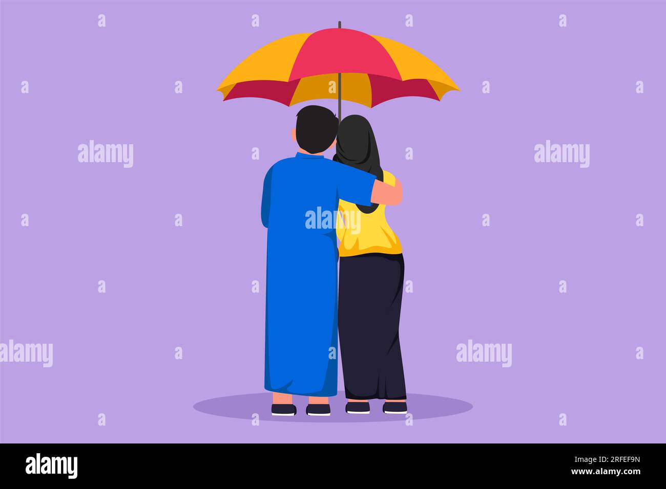 Character Flat Drawing Back View Lovers Couple In Rain Cute Arab