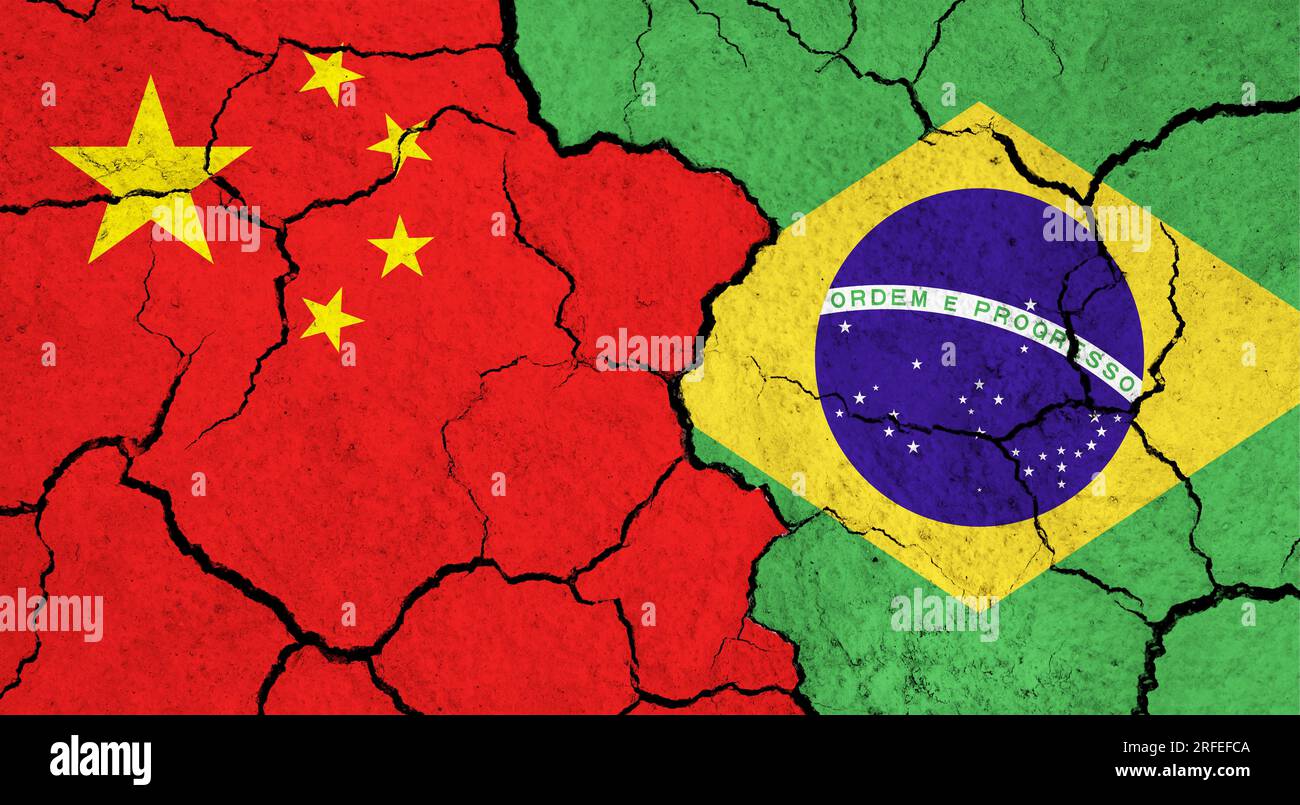 Flags of China and Brazil on cracked surface - politics, relationship ...