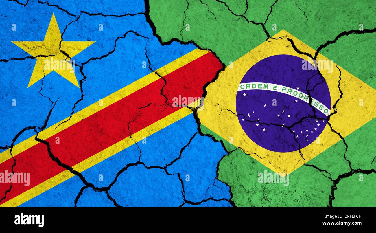 Flags of Congo - Democratic Republic and Brazil on cracked surface ...