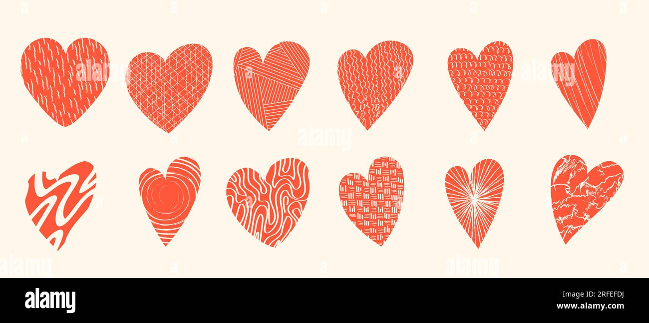 Bright hearts with loop, drops, spots, curves, lines and waves. Hand ...